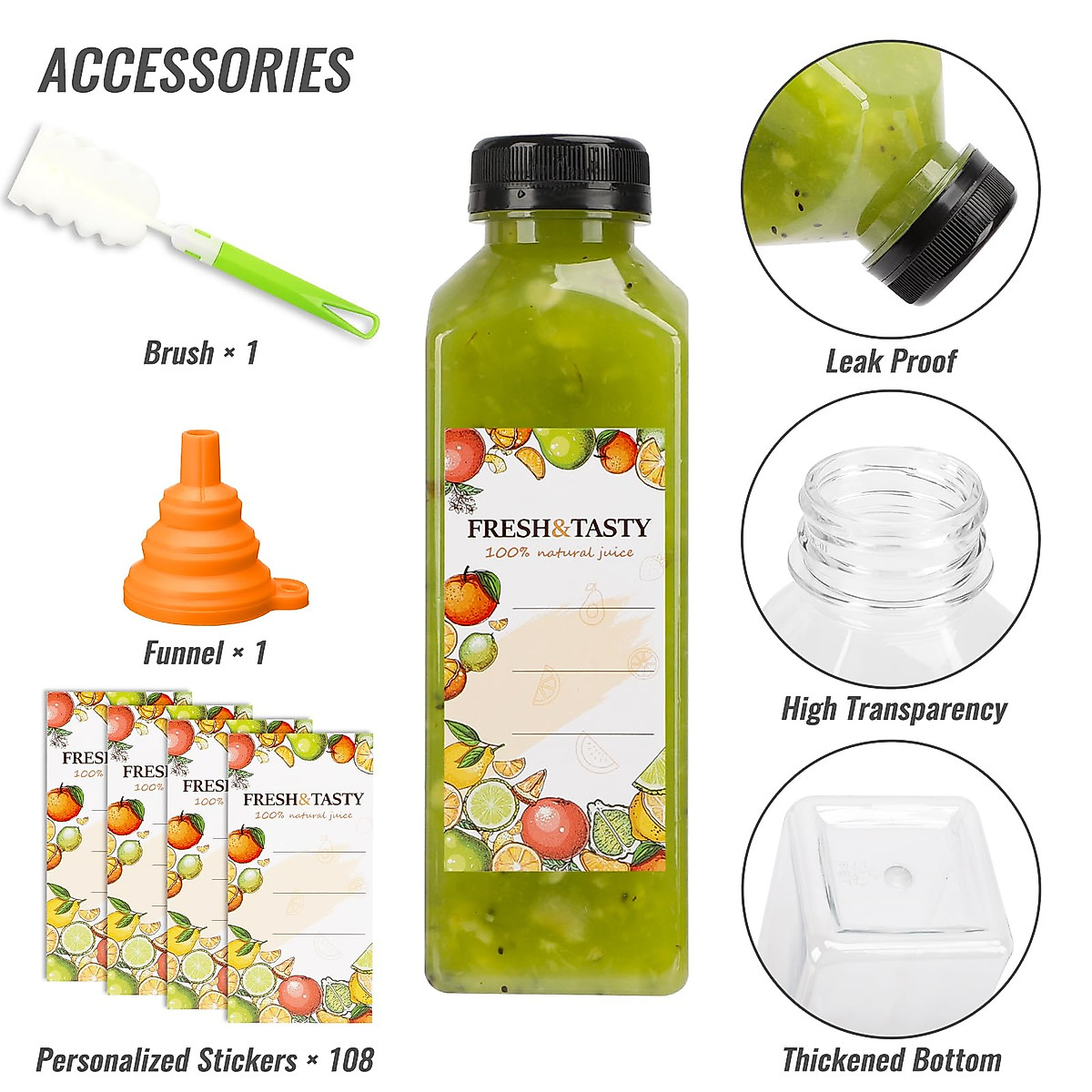 TOMNK 100pcs Plastic Bottles with Caps, 16oz Juice Bottles, Juice Bottles with Caps with Black Caps Juice Bottles with Label, Funnel and Brush Beverage Containers for Juicing, Smoothies, Tea, Milk