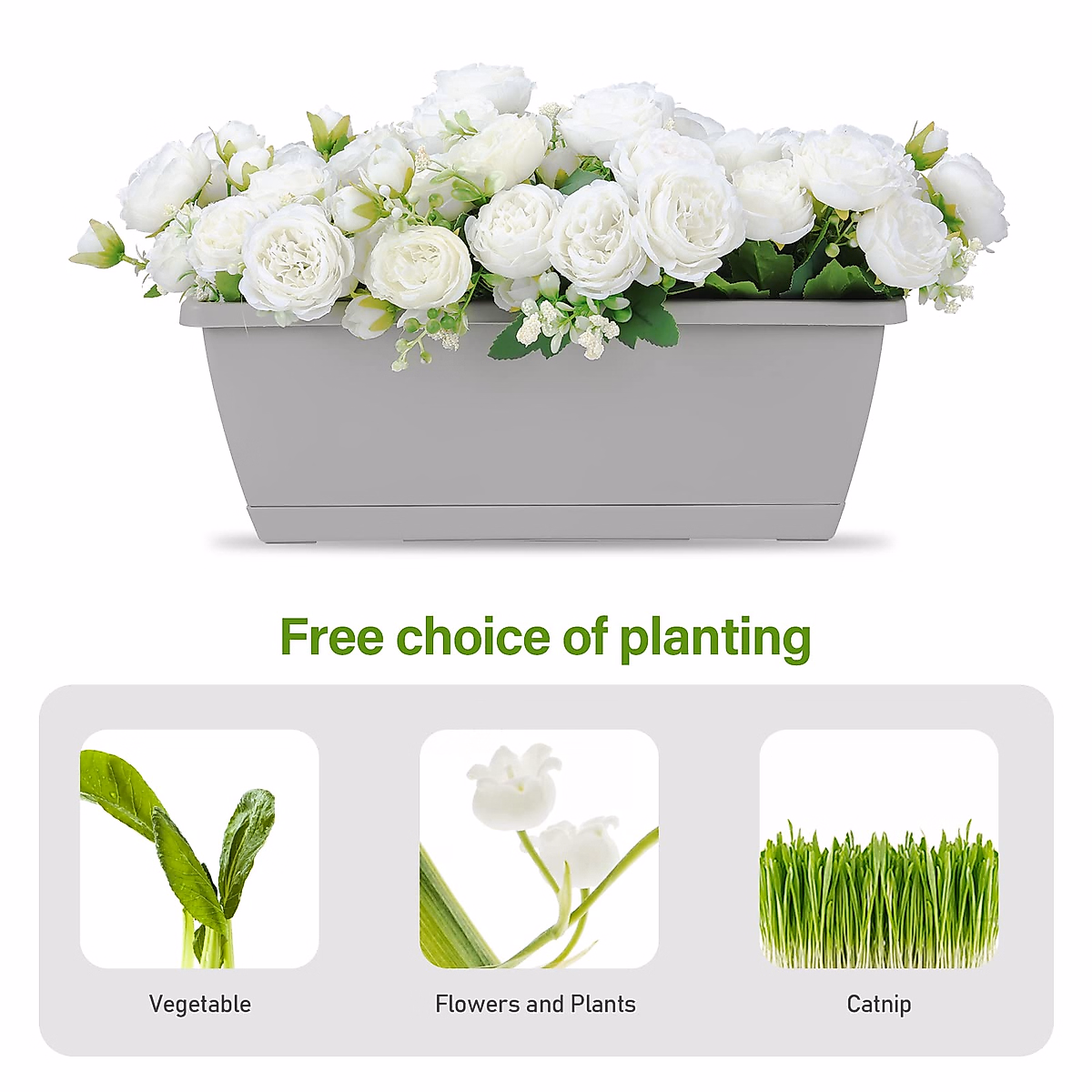 Whonline 8 Pack Window Planter Box, 17 Inches Plastic Window Boxes Rectangular Flower Vegetable Planters with Drainage Holes and Saucers for Indoor Plants Outdoor Garden Patio (Light Gray)