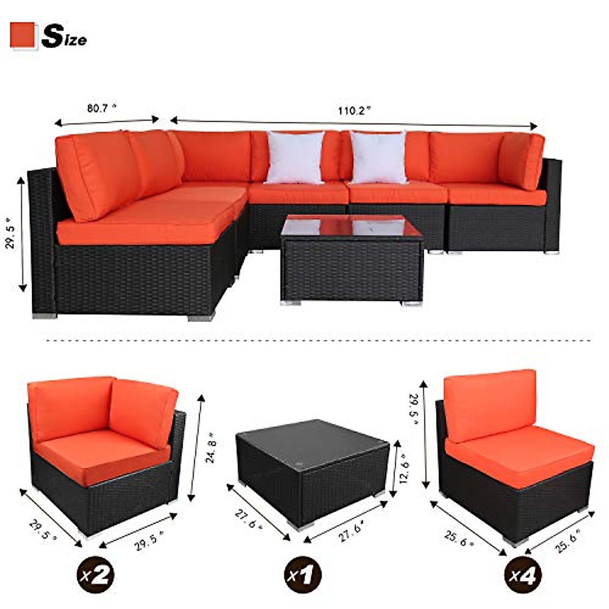 Excited Work 7Pcs Outdoor Patio Wicker Sofa, Garden Sectional Rattan Furniture Set with Coffee Table,Washable Couch Cushions and 2 Pillows