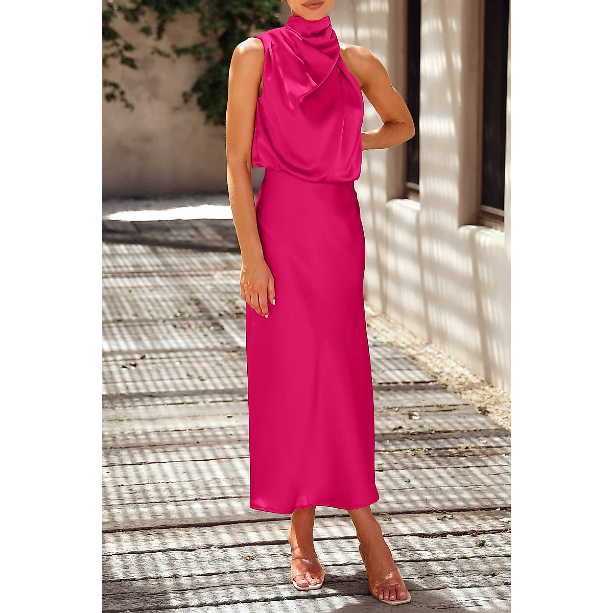 PRETTYGARDEN Women's 2024 Summer Satin Dress Elegant Sleeveless Mock Neck Cocktail Party Maxi Dresses (Rose Red,Small)
