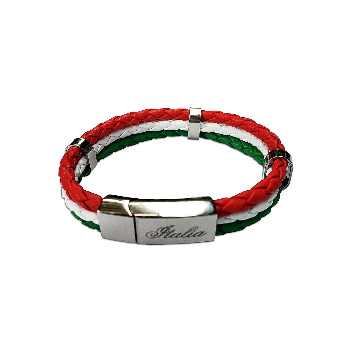 Tricolor Leather Bracelet with Stainless Steel Clasp in Italy Flag Colors - Great Italian Themed Jewelry Gift for Women and Men