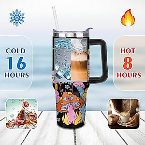 thmasamwr Mushroom Tumbler with Lid and Straw, Stainless Steel Mushroom 40oz Tumbler with Handle, Black Mushroom Travel Coffee Mug Mushroom Gifts Cups for Women and Men