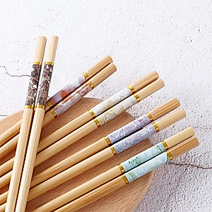 5 Pairs Natural Bamboo Chopsticks Reusable, Long Lightweight Wood Chopstick For Sushi Rice, Dishwasher Safe,For Restaurant Eating Cooking (green)