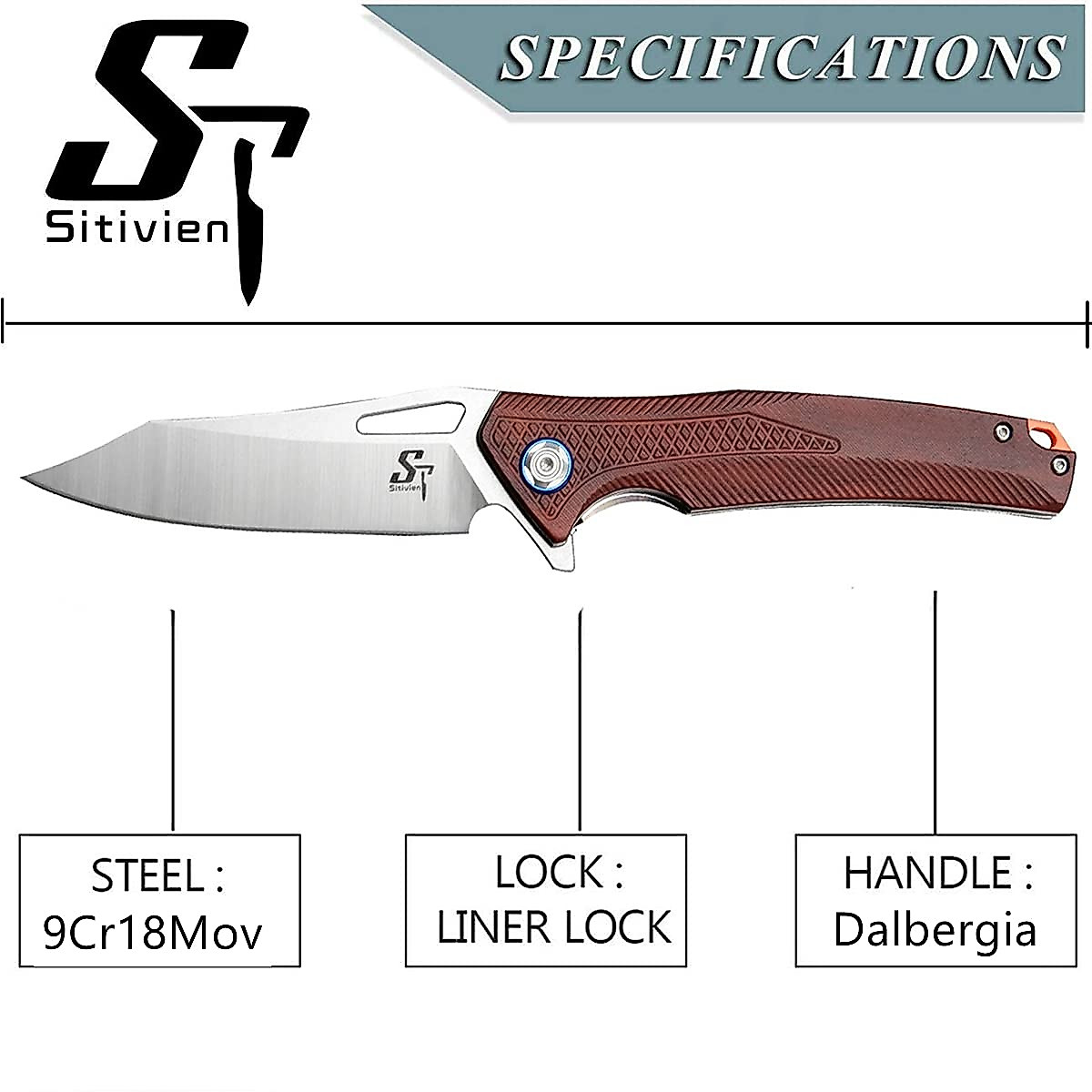 Sitivien ST219 Folding Knife, 9Cr18Mov Steel Dalbergia Handle Outdoor EDC Tool Knife for Outdoor Camping,Hunting