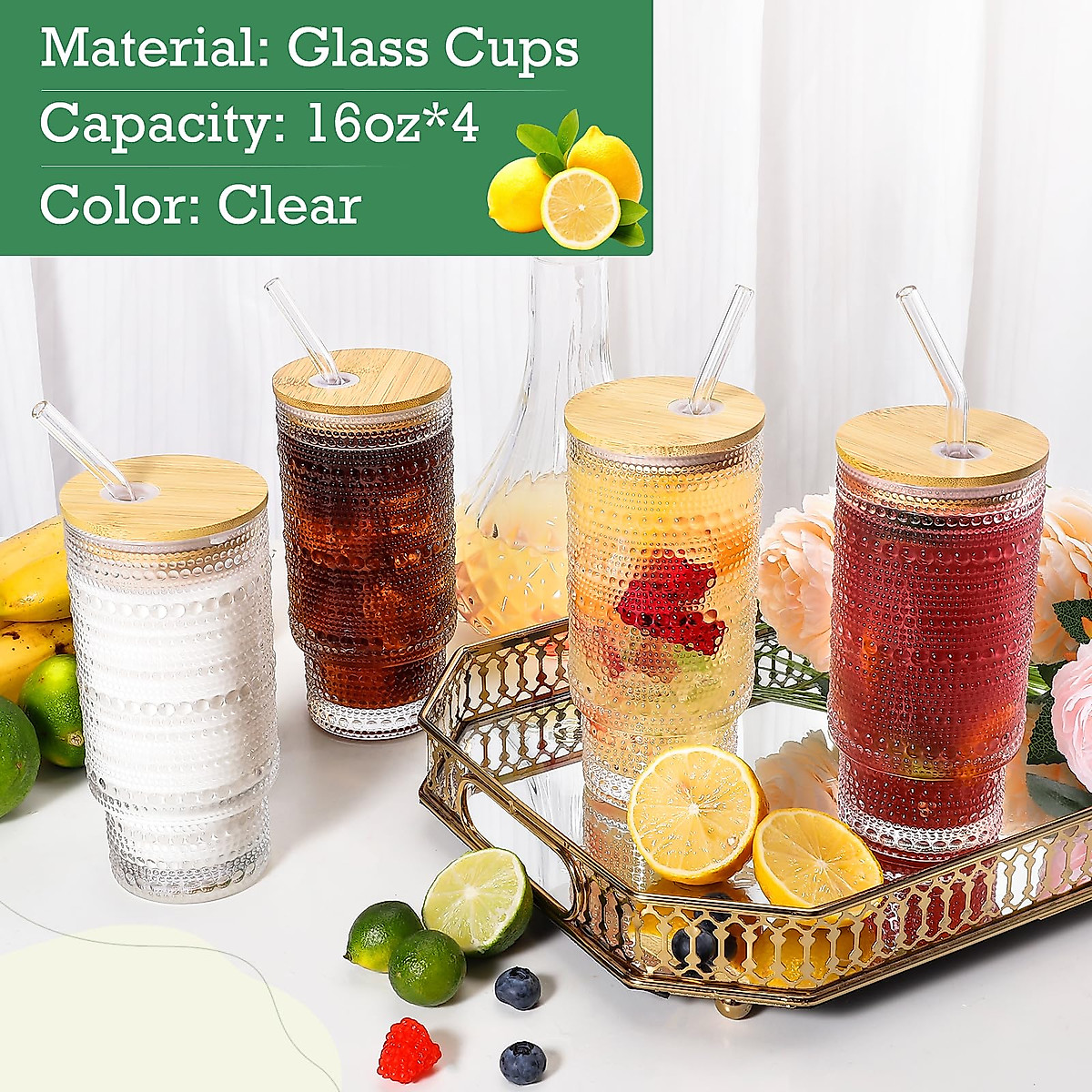 CWHHRN 16OZ Glass Cups with Lids and Straws, Vintage Embossed Glassware for Whiskey Cocktail Beer, Iced Coffee Cups with Lid, Glass Tumbler with Straw and Lid (2 PACK)