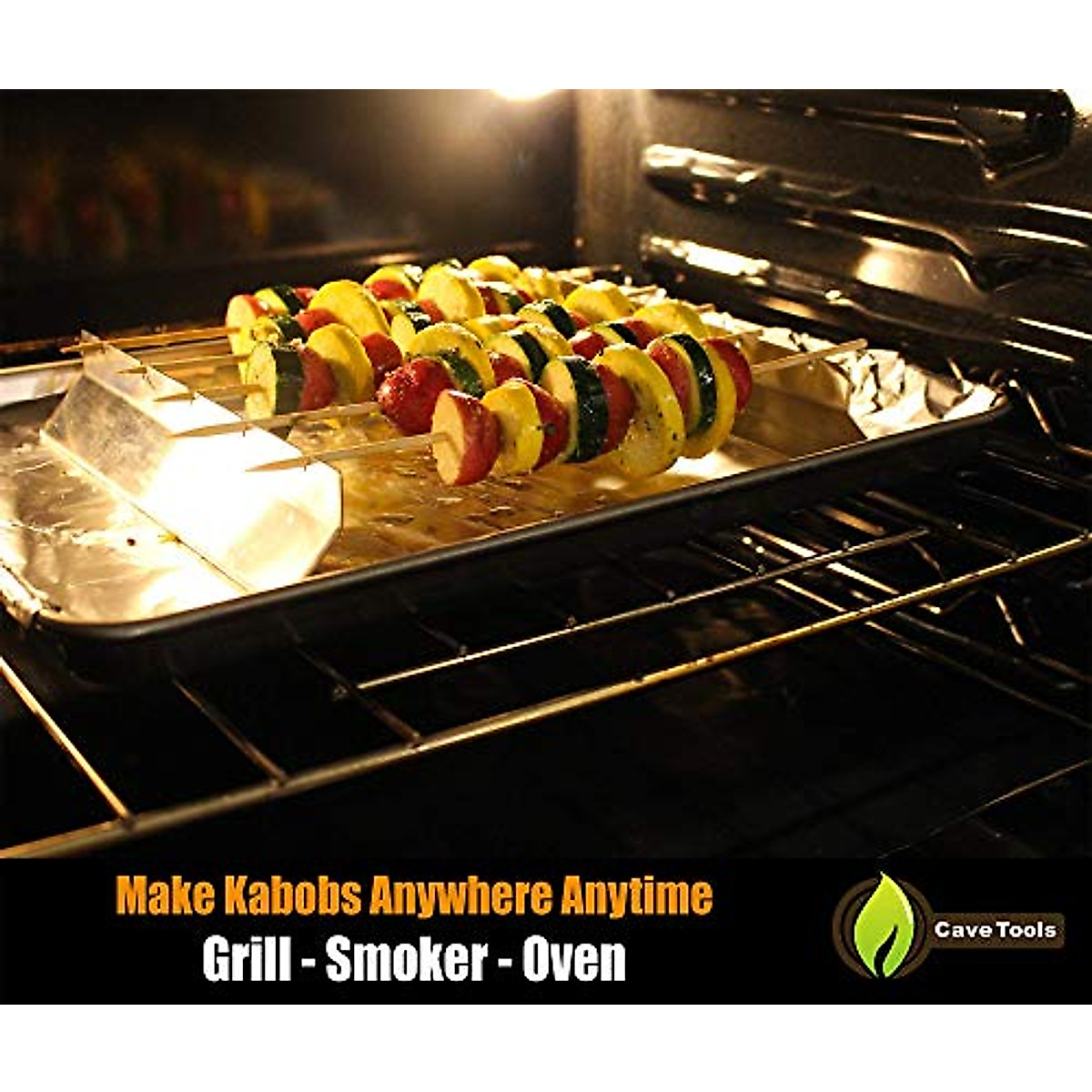 Cave Tools Kebob Rack For Shish Kebab Skewers - Stainless Steel Build Compatible with Wood, Round, Metal, Flat or Bamboo Skewers - BBQ Grilling Accessories