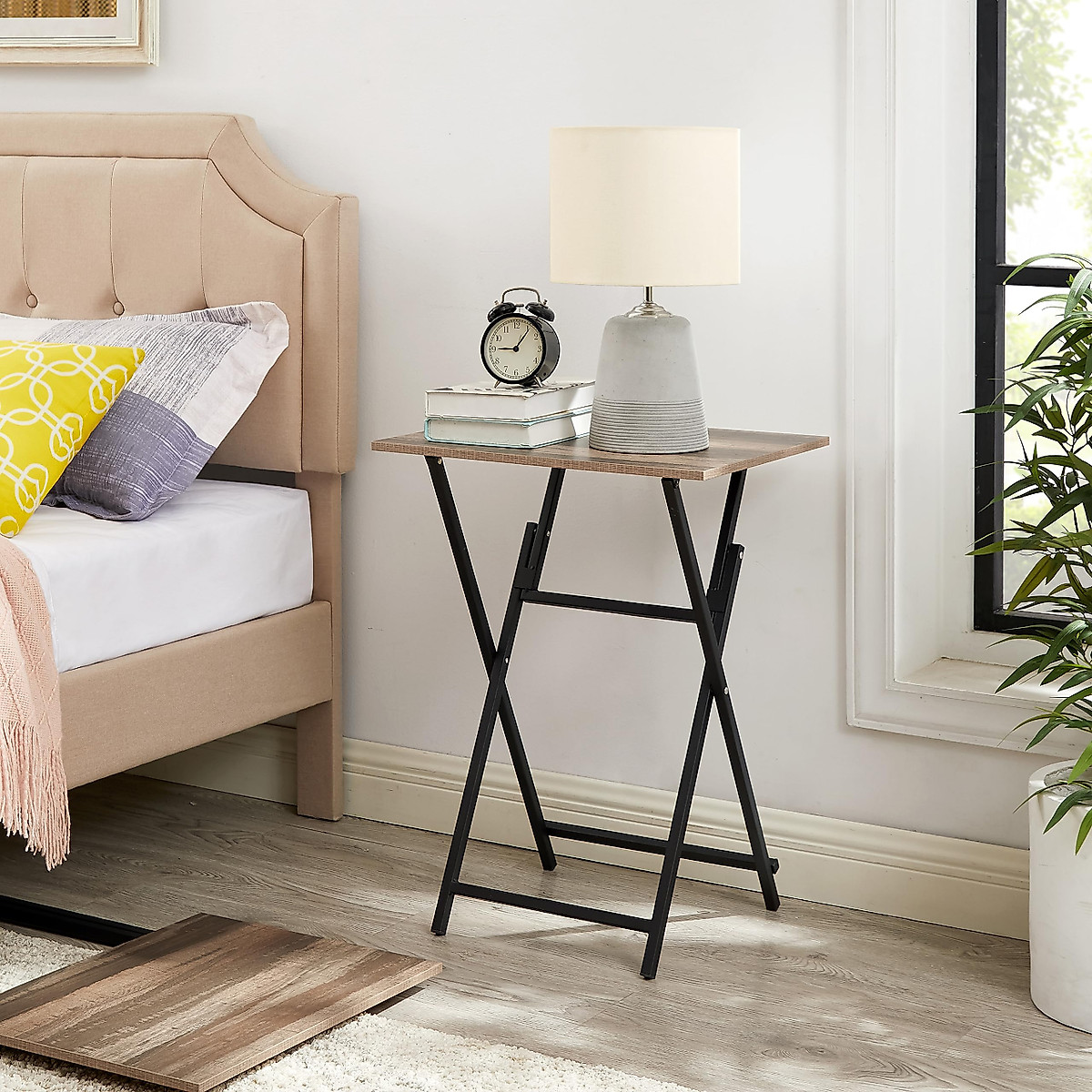 Folding TV Tray Table Set of 2, Portable Sofa Side Table Wooden TV Tray, Industrial Snack Table End Table Dinner Table for Living Room, Bedroom, Office, Space-Saving (Set of 2, Antique brown)