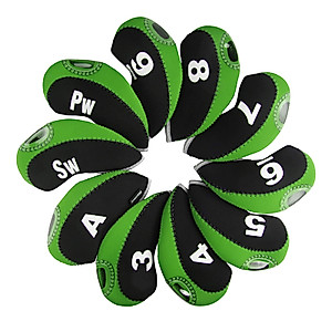 Andux Number Print Golf Iron Club Head Covers with Transparent Window 10pcs/Set Black/lime green