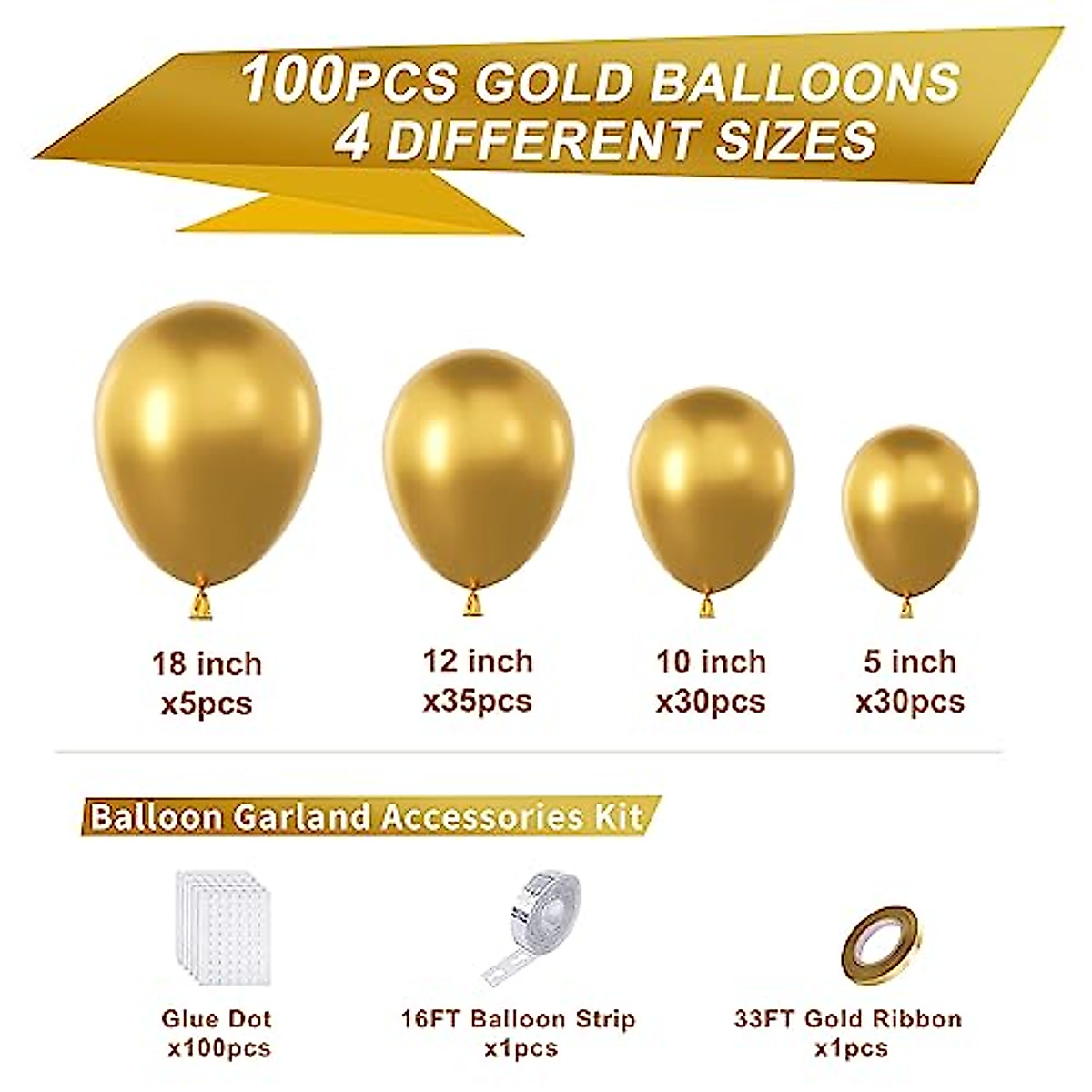 YAOWKY Gold Metallic Chrome Balloon Arch Kit, 100PCS 18In 12In 10In 5In Gold Latex Balloons Garland Arch Kit for Birthday Weddings Anniversary Graduation Gold Themed Party Decorationsarty Decorations