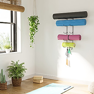 Wallniture Guru Foam Roller & Yoga Mat Holder Wall Mount with 3 Hooks for Hanging Yoga Strap, Resistance Bands, 5-Sectional Metal (Black)