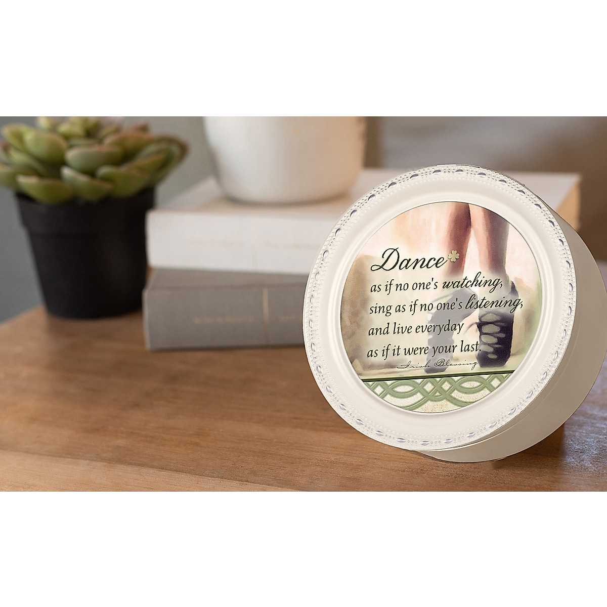 Cottage Garden Dance Sing Live Everyday Matte White Petite Round Jewelry Music Box Plays Irish Lullaby