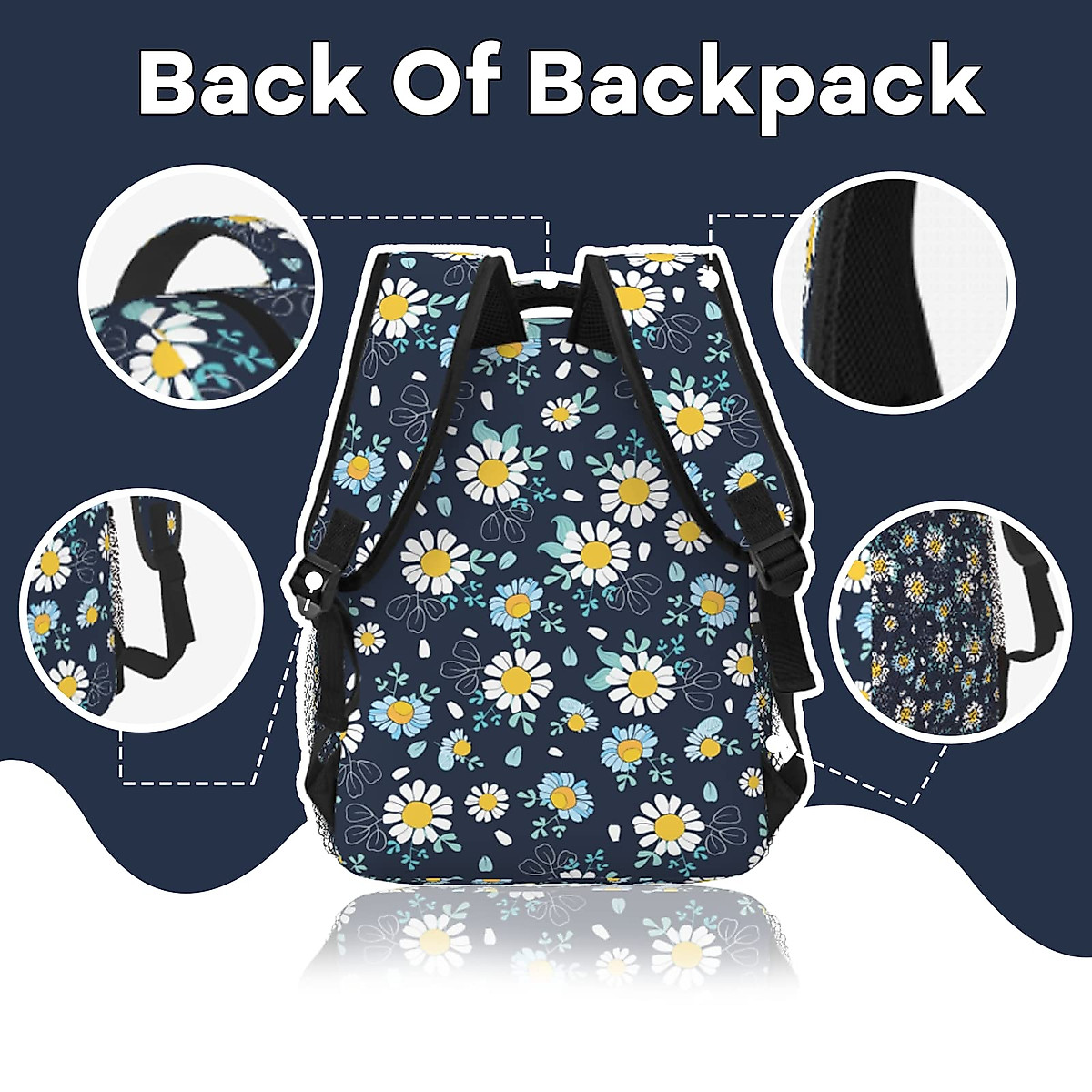 Junong 17 Inch Daisy Backpack for Women Fashion Laptop Flower Backpack Cute Travel Bag Women College Floral Backpack (Navy Blue)