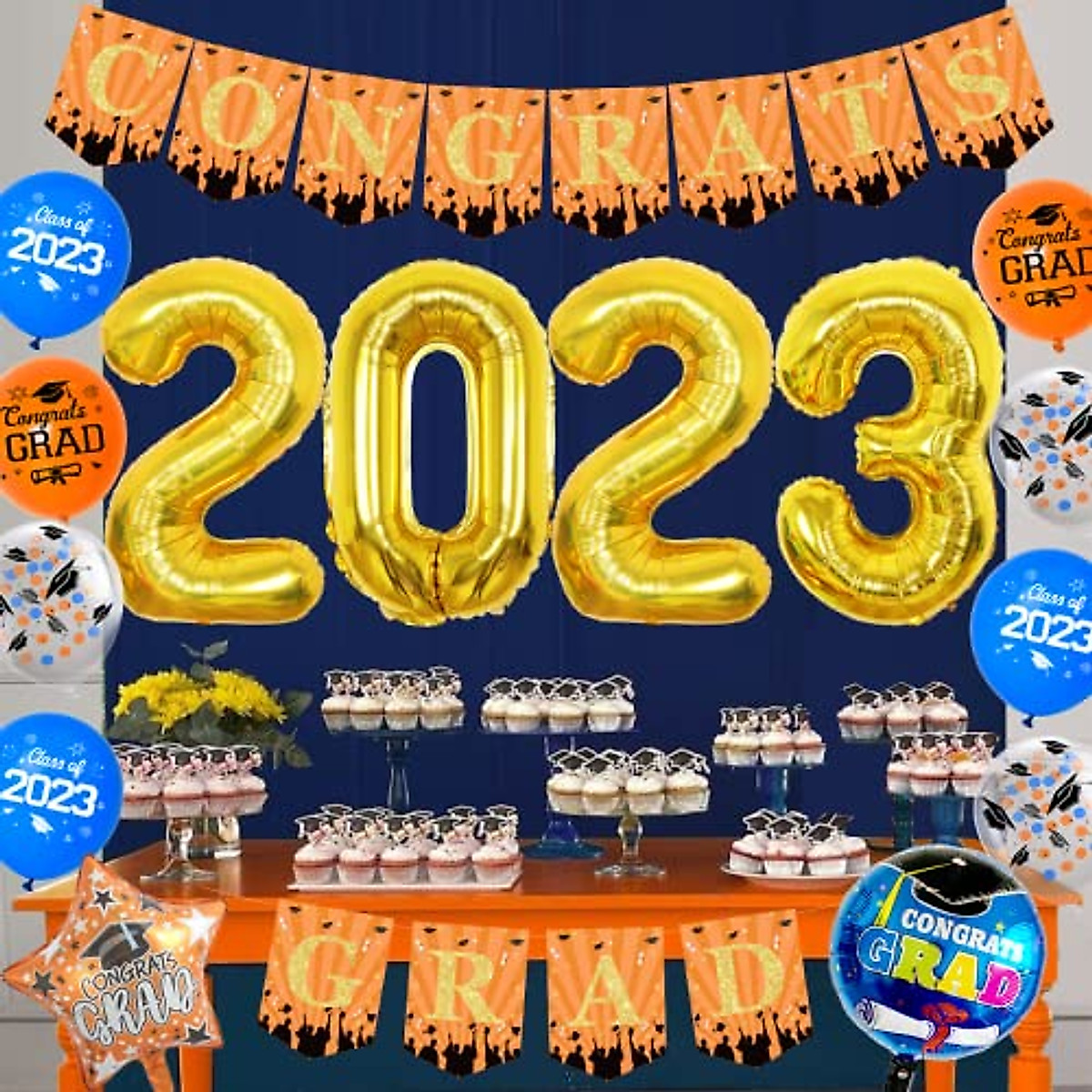 2023 Graduation Decorations Orange Blue, Congrats Grad Banner 2023 Gold Foil Number Balloons Paper Fans lanterns Pom Poms Flowers for Class of 2023 Grad Party Supplies University College Decor