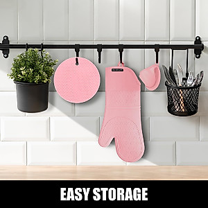 Rorecay Extra Long Oven Mitts and Pot Holders Sets: Heat Resistant Silicone Oven Mittens with Mini Oven Gloves and Hot Pads Potholders for Kitchen Baking Cooking, Quilted Liner, Pack of 6 (Pink)