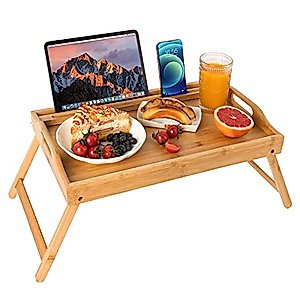 Bamboo Bed Tray,Breakfast Bed Tray with Folding Legs Large Tray with Carrying Handles Portable Lap Tray Lightweight Decorative Tray Food Tray for Breakfast in Bed,Reading or Working (20 Inch Upgrade).