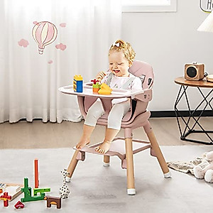 BABY JOY Baby High Chair, 6 in 1 Convertible Wooden High Chair for Babies & Toddlers with Adjustable Legs, Double Removable Tray, Safety Harness & Waterproof PU Cushion (Pink)