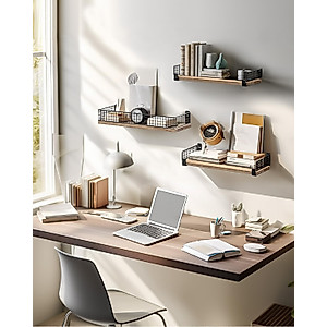 Tatub Floating Shelves with Metal Mesh Edge, Durable Bathroom Shelves for Wall Storage, Wood Wall Mounted Shelves for Living Room, Bedroom, Kitchen and Home Office, Set of 2 (Carbonized Black)