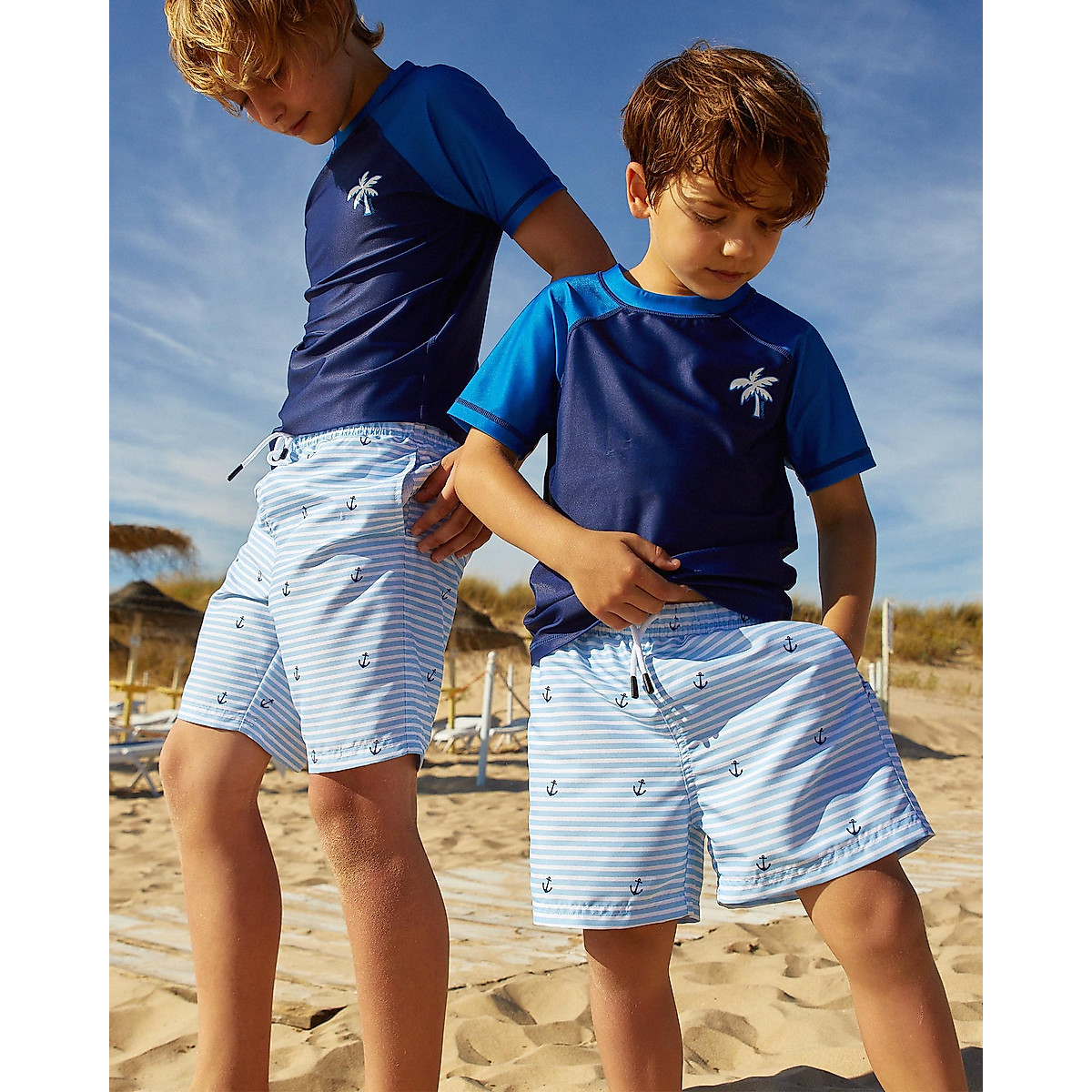 maamgic Boys Swim Trunks with Compression Liner Toddler Stretch Swim Shorts Quick Dry Swimming Trunks Boxer Brief 2 in 1 Beach Shorts White Blue Striped 5/6