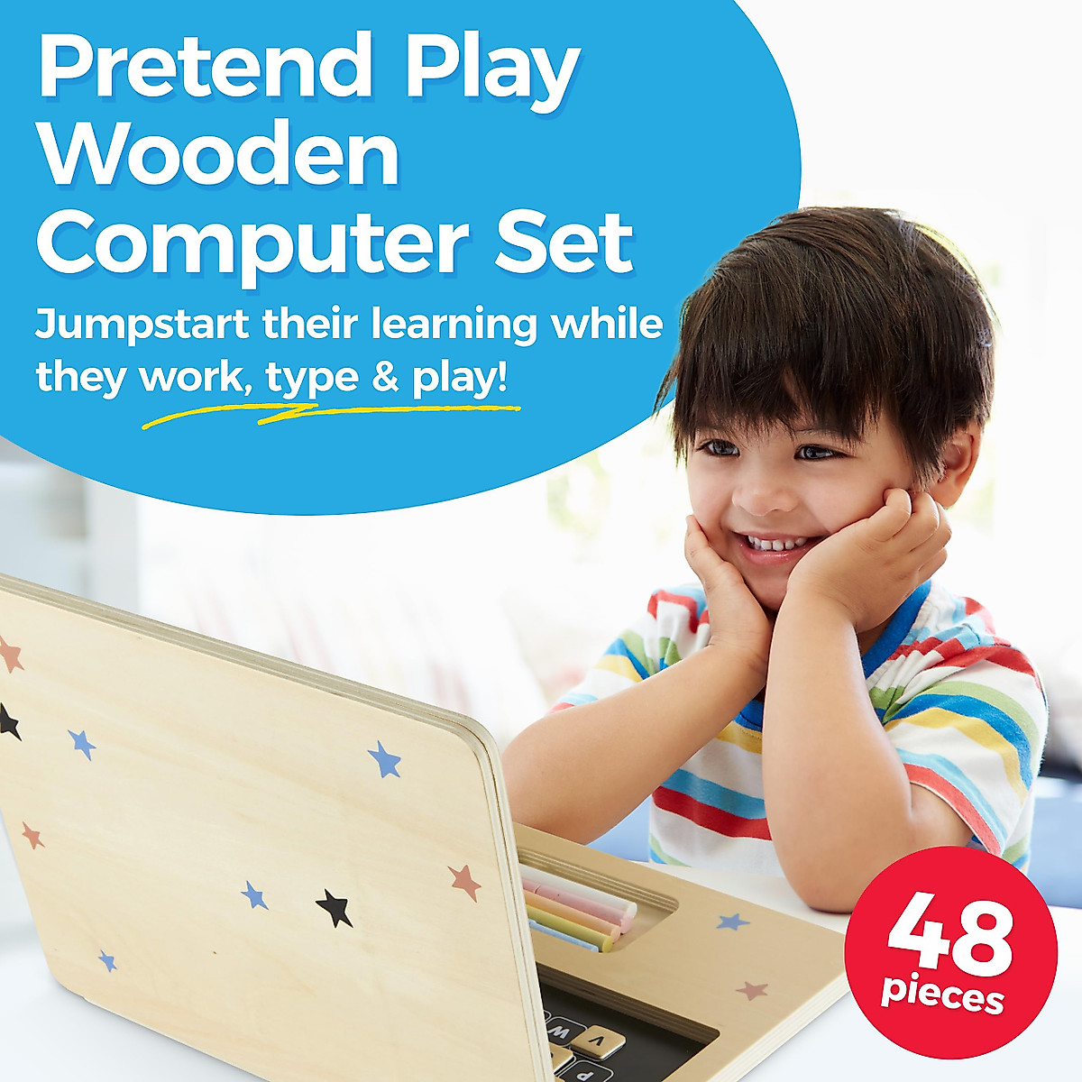 Wooden Computer Pretend Play Set - Pretend Laptop Toy for Kids, Toddlers - Montessori Learning Board for Kids (Ages 2-8) - 41 Magnetic Keys, Chalk Box, Portable Drawing & Writing Board | 11.5 x 8.5