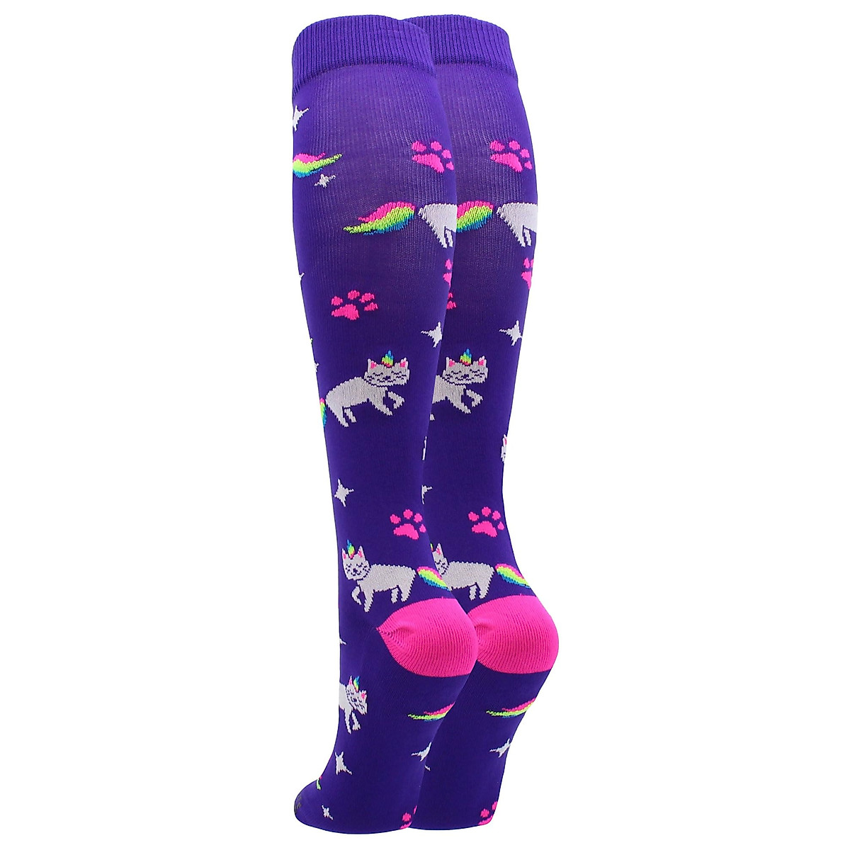 MadSportsStuff Neon Rainbow Caticorn Over the Calf Socks (Purple/Neon Pink, Small)