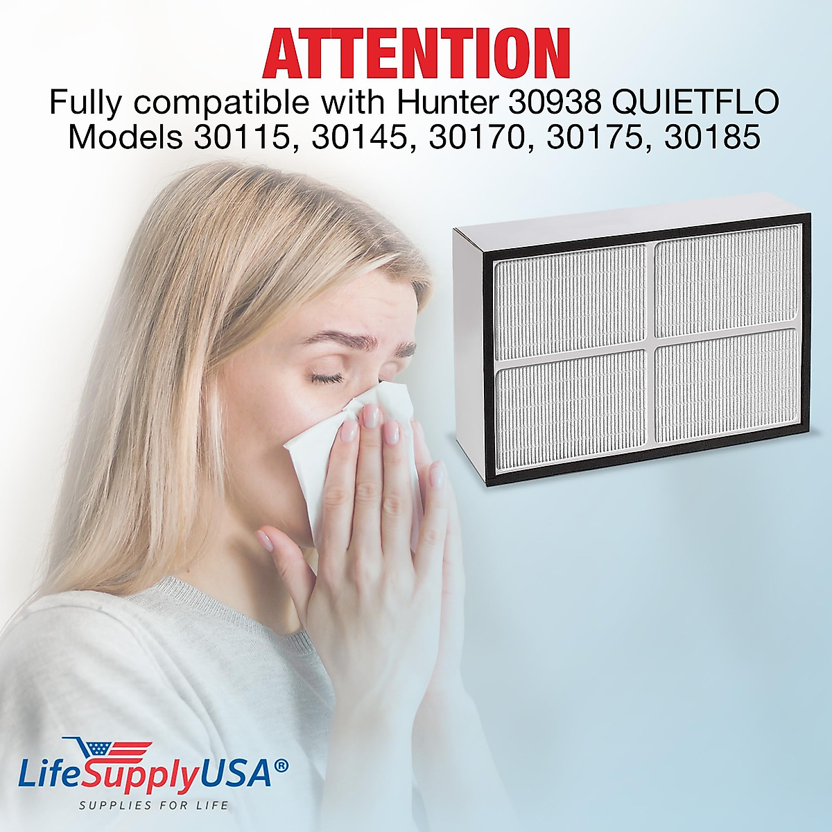 LifeSupplyUSA HEPA Filter Replacement Compatible with Hunter 30938 QUIETFLO Models 30115, 30145, 30170, 30175, 30185
