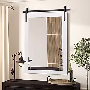 Clavie Farmhouse Wall Mirror Rustic Horizontal Wood Framed Bathroom Mirror, Barn Door Style Decorative Mirrors, 22"x30" White