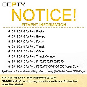 OCPTY 1 X Flip Key Entry Remote Control Key Fob Transmitter Replacement for Ford for Escape for Focus for Transit for Fiesta for Transit Connect CWTWB1U793 1788A-FWB1U793