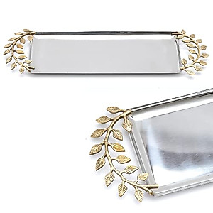 21" Long Decorative Golden Vine Oval Centerpiece Silver Serving Tray with Accents by Gute - Stainless Steel Metal & Brass, Gold Leaves Trim Accent Design, Serveware Foods Home Decor Gifts