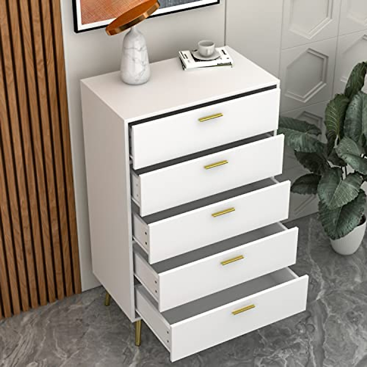 AIEGLE 5 Drawer Dresser, Chest of Drawers with Metal Legs, Wood Dresser Storage Chest Drawers for Bedroom, Living Room, White (27.4" W x 15.7" D x 45" H)