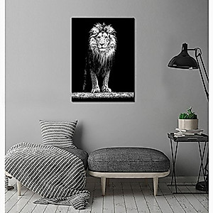 LevvArts - Lion Canvas Print,Portrait of Beautiful Lion in the Dark Wall Art Stretched Wood Frame,Black and White Animal Canvas Pictures for Living Room Decoration,Ready to Hang
