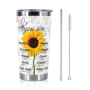 Christian Gifts for Women 20oz Sunflower Tumbler Stainless Steel Double Wall Vacuum Insulated Coffee Mug Travel Cups for Wife Mom Daughter Sister Friend Coworker, Metal Straws and Brush