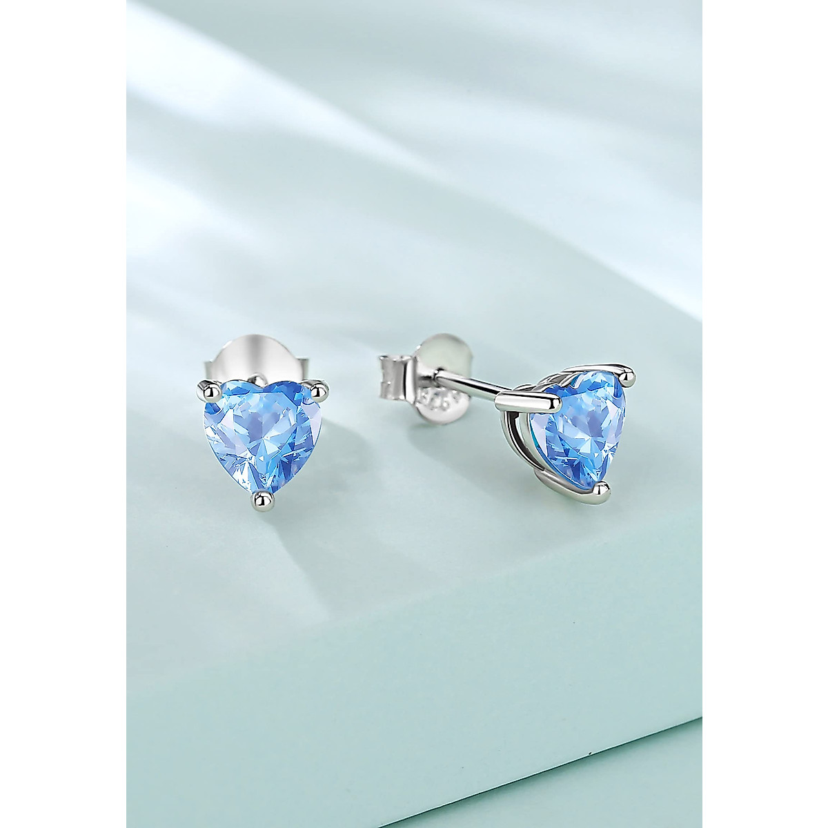 Vito 925 Sterling Silver Birthstone March Stud Earrings for Women, Cubic Zirconia Hypoallergenic Heart Aquamarine Ear Studs Jewelry Gift for Sister Daughter on Birthday