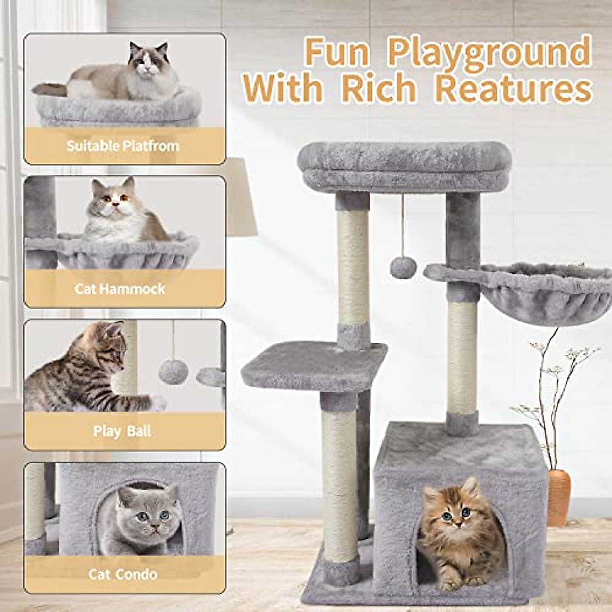 FISH&NAP US16H Cute Cat Tree Cat Tower for Indoor Cat Condo Sisal Scratching Posts with Jump Platform Cat Furniture Activity Center Play House Grey