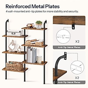 HOOBRO L-Shaped Ladder Shelf, 6-Tier Corner Bookshelf, Corner Wall Mount Bookcase, Display Shelf for Small Spaces, Anti-Tip Design, for Living Room, Balcony, Study, Rustic Brown and Black BF76CJ01