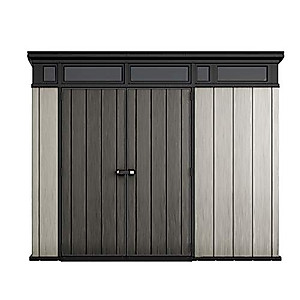 Keter Artisan 9x7 Foot Large Outdoor Shed with Floor with Modern Design for Patio Furniture, Lawn Mower, Tools, and Bike Storage, Grey