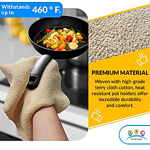 ABC Terry Cloth Pot Holders for Kitchen 9 x 12 Inch. Pack of 12 Natural Color Hot Pads for Kitchen. Washable Pot Holder with Hand Hole. Thick Cotton 460 F Heat Resistant Pot Holders