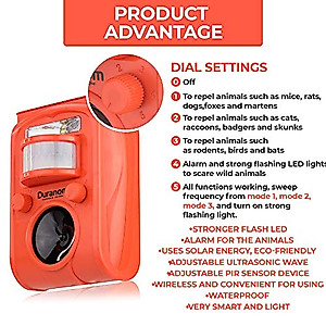 DURANOM Solar Animal Repeller Outdoor, Ultrasonic with Motion Sensor Activated Flashing Led Light Cat, Dog, Deer Repellent