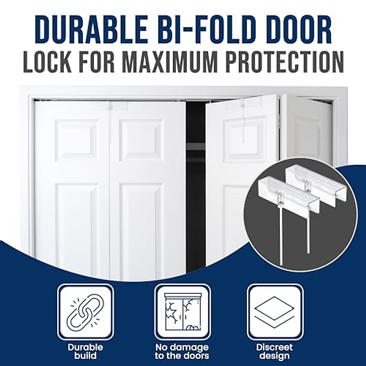 (4- Pack) - Safety Innovations Bi-fold Door Lock - Closet Protection Child and Pet Proof Bi-fold Door Lock - Tool-Free Installation - Made from Unbreakable Clear Polycarbonate