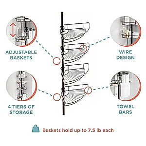 Zenna Home Rust-Resistant Corner Shower Caddy for Bathroom, 4 Adjustable Shelves and Towel Bar, with Tension Pole, for Bath and Shower Storage, 60-97 Inch, Bronze