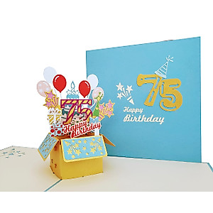 iGifts And Cards Happy 75th Blue Birthday Party Box 3D Pop Up Greeting Card – Seventy-Five, Awesome, Balloons, Unique, Celebration, Feliz Cumpleaños, Fun, Mom, Dad