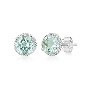 MAX + STONE 14k White Gold Roped Halo Blue Aquamarine Round Stud Earrings for Women 6mm March Birthstone with Push Backs