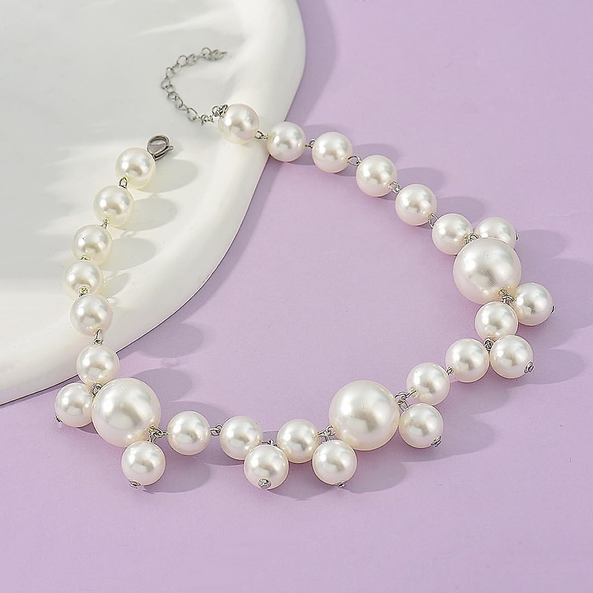 QJLE Stainless Steel Simulated Pearl Necklace for Women, 16.5+2'' Choker, High Lustre Round Beads, Silver Theme, Costume Jewelry Gift for Teen Girls