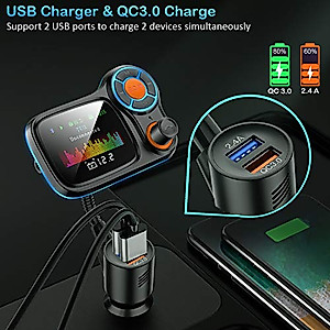 TSNAM Wireless Car Bluetooth Adapter,Radio FM Transmitters HandsFree Call Receiver and MP3 Music/APP Audio Play,QC3.0 and Smart 2.4A Dual USB Charger,1.8" Color Display,Aux Port,TF Card