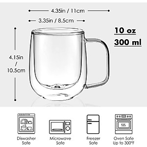 vzaahu Double Wall Insulated Coffee Mugs with Handle [2-Pack,10 Oz] Clear Glass Coffee Mug Set for Cappuccino Glasses Tea Cups Latte Beverage, Glasses Heat Resistant Dishwasher Microwave Safe