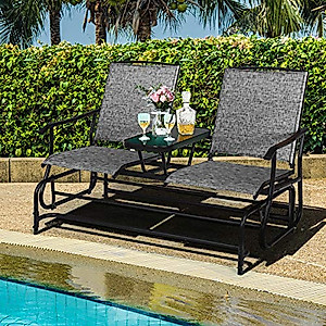 S AFSTAR Patio Glider Bench, 2-Person Outdoor Glider Chair with Center Table, Double Rocking Chair Loveseat for Patio Backyard Poolside Lawn (Grey)