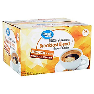 Great Value 100% Arabica Breakfast Blend Coffee Pods, Medium Roast, 96 Count- 0.33 oz each (Pack of 2)