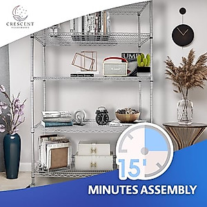 Crescent, Chrome, 48 x 18 x 76, 4000 LBS, Metal Shelves for Storage with Wheels, Ideal for Garage Shelving, 5 Tier Wire Shelving Rack for Kitchen Storage, Heavy Duty Shelving for Home Storage
