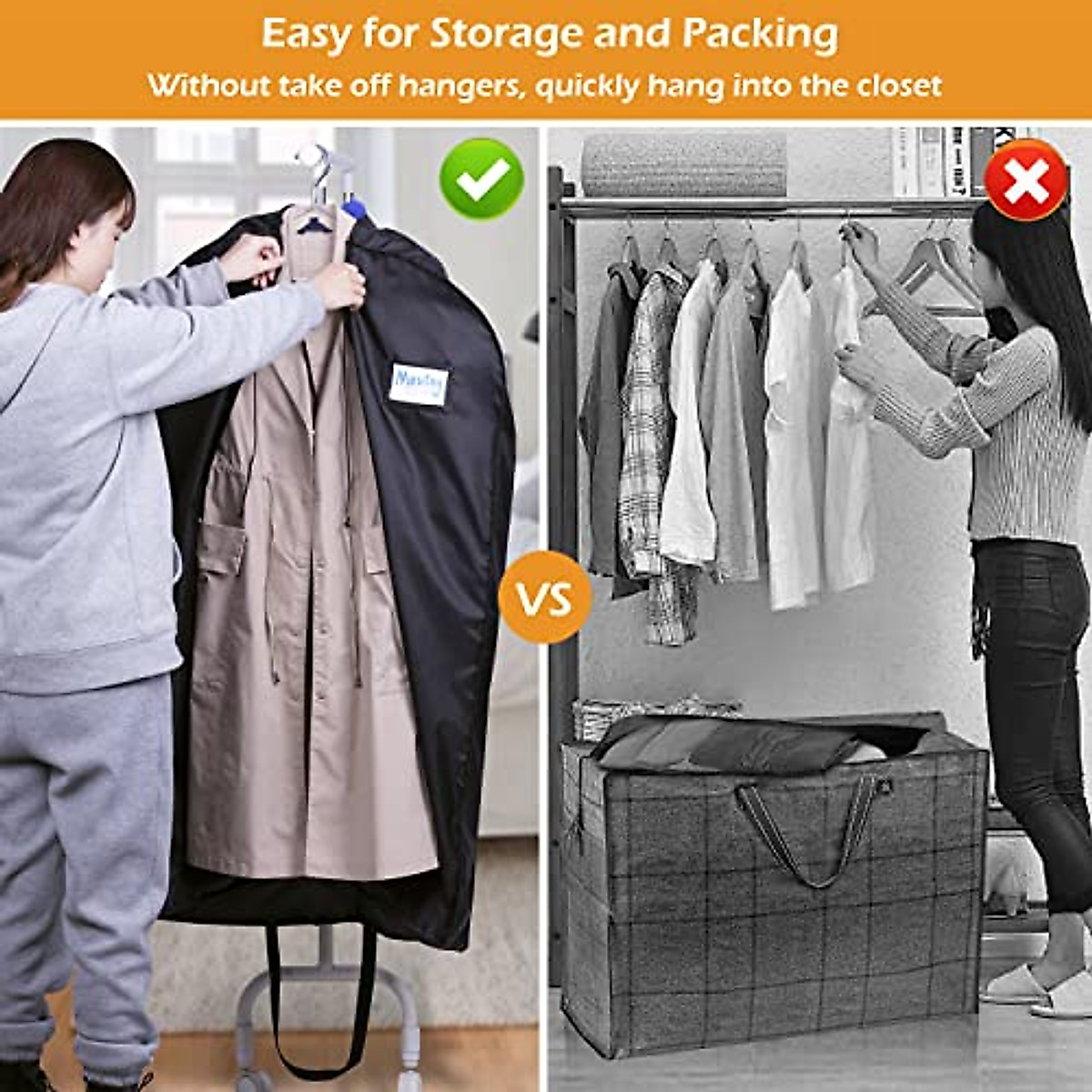 MISSLO Garment Bags for Travel Heavy Duty Moving Bags Large Capacity Hanging Clothes Bag for 20 Shirts Waterproof Fabric Suit Covers for Closet Storage 2 Packs, 43"