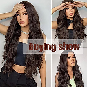 IFSUP Long Wavy Brown Hair Wig for Women 26Inch Dark Brown Curly Middle Part Wig Upgraded Synthetic Protein Fiber Wig Natural Looking Hair Replacement Wig(26'' Brown)