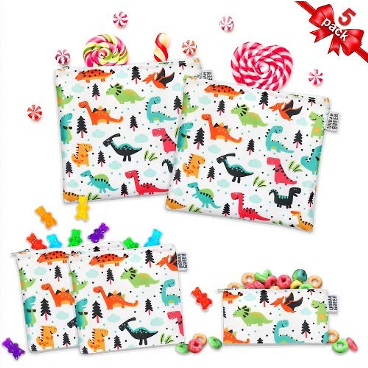 Reusable Sandwich Snack Bags for kids Urban Green, Sandwich bags zipper dishwasher safe, snack pouch bag cloths, Lunch Bags, BPA Free, 5 pack, Dinosaur snack Bags, Toiletry Makeup Bag